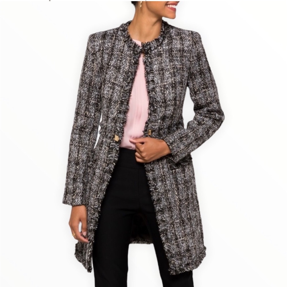 Dkny Black Long Tweed Topper Jacket Coat Size 10 - Gem